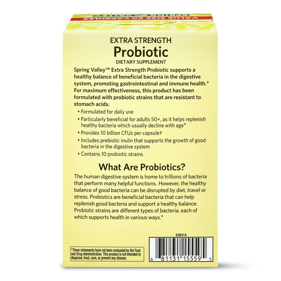 Spring Valley Extra Strength Probiotic Vegetable Capsules for Digestive ...
