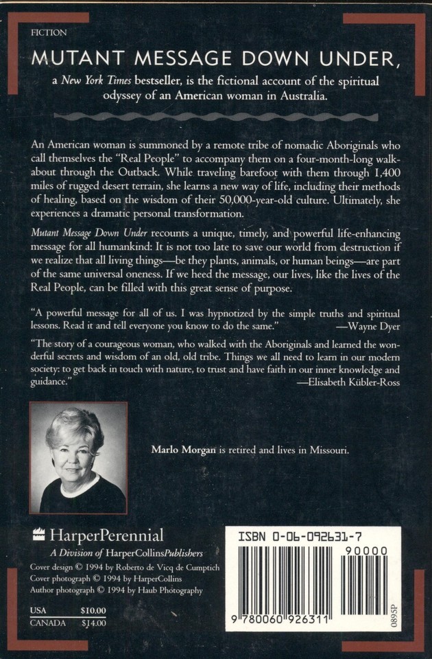 MUTANT MESSAGE DOWN UNDER By MARLO MORGAN HarperPerennial TP 1991 1995 ...