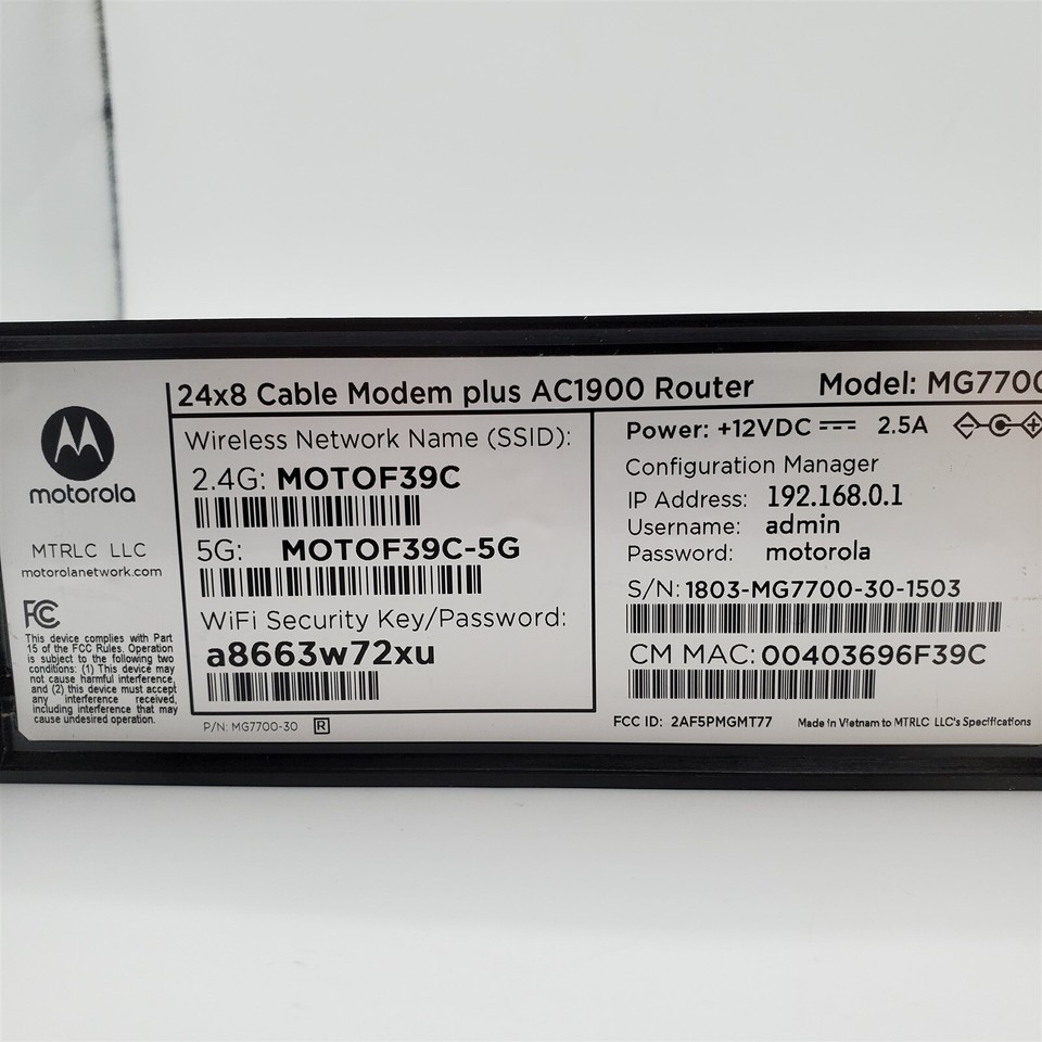 MOTOROLA MG7700 24X8 Cable Modem Plus Dual Band WiFi Gigabit Router | eBay