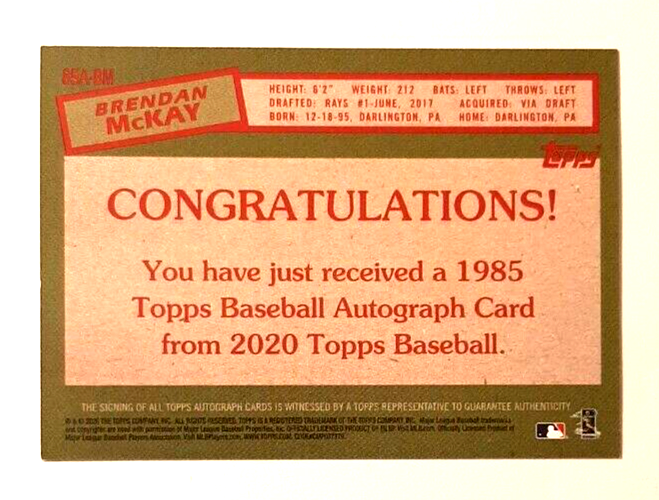 2020 Topps 1985 Signatures #BM Brendan McKay Auto On Card Rays Rookie ...