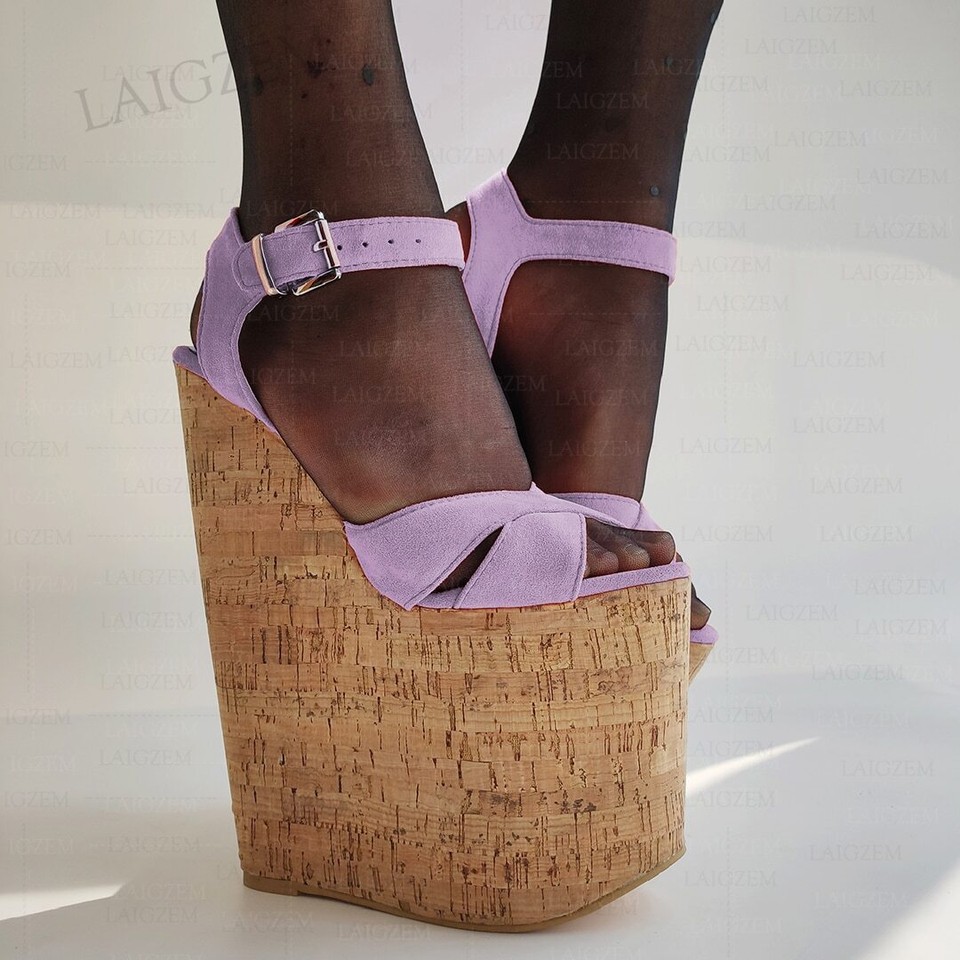 Women Sandals Faux Suede Platform Wedges 22CM Super High Heels Pumps ...