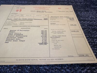 Vtg 1947 Chevrolet New Auto Dealer Sales Receipt Car Dealership Invoice ...