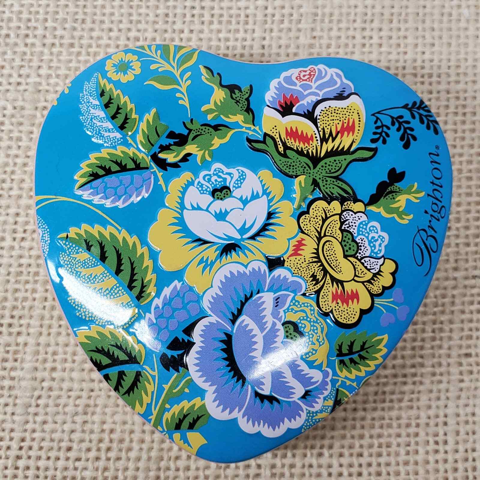 Brighton Heart Floral Tin Trinket Blue Yellow Jewelry Holder Empty | eBay