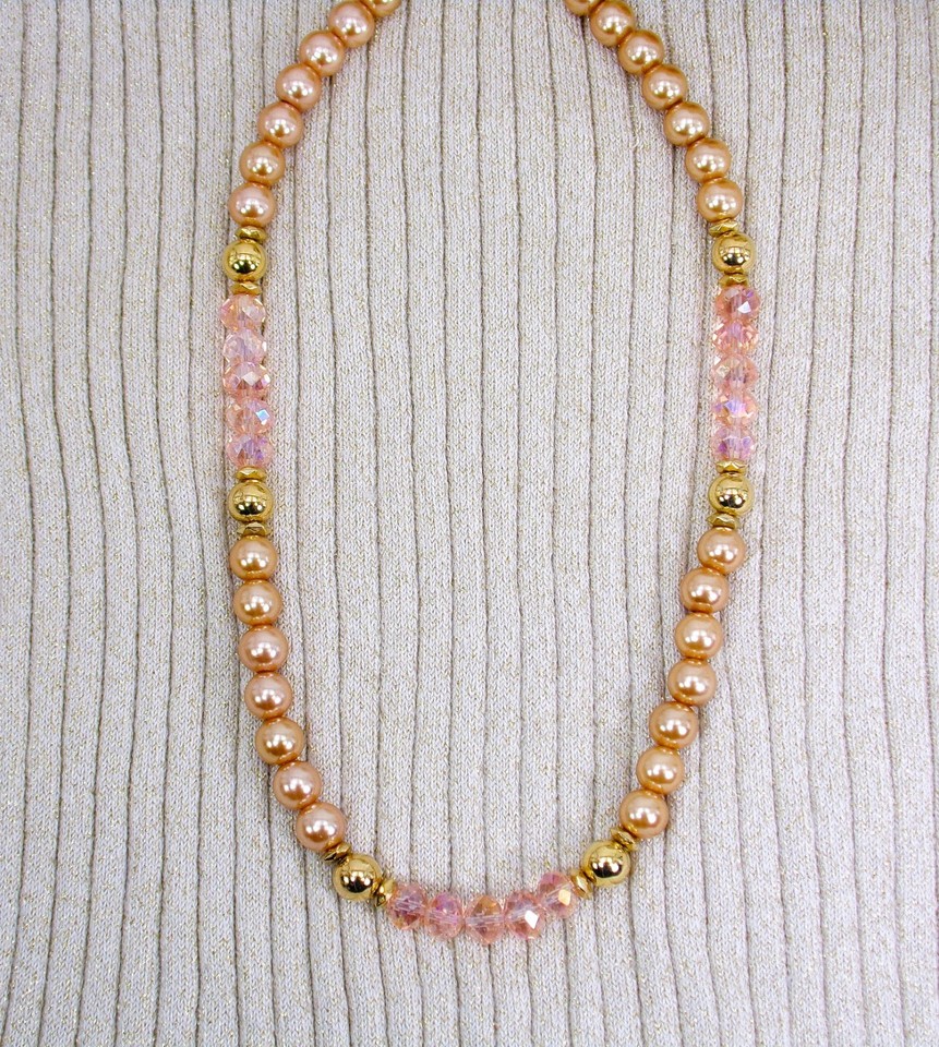 Beige color pearl bead necklace with pink glass beads and gold plated ...