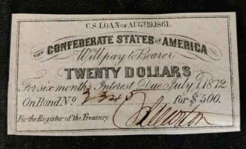 1861 Confederate States of America $20 Hand Signed Twenty Dollar Bond ...