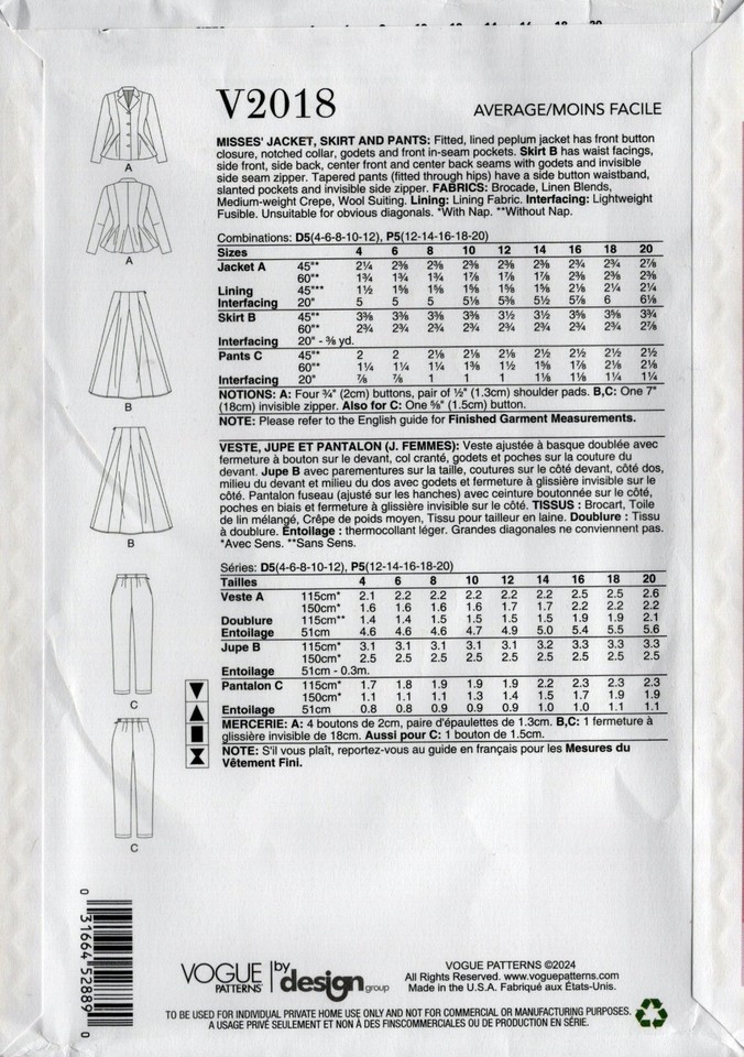 Vogue 2018 Jacket Skirt Pants Suit Designer Style Sewing Pattern Misses ...