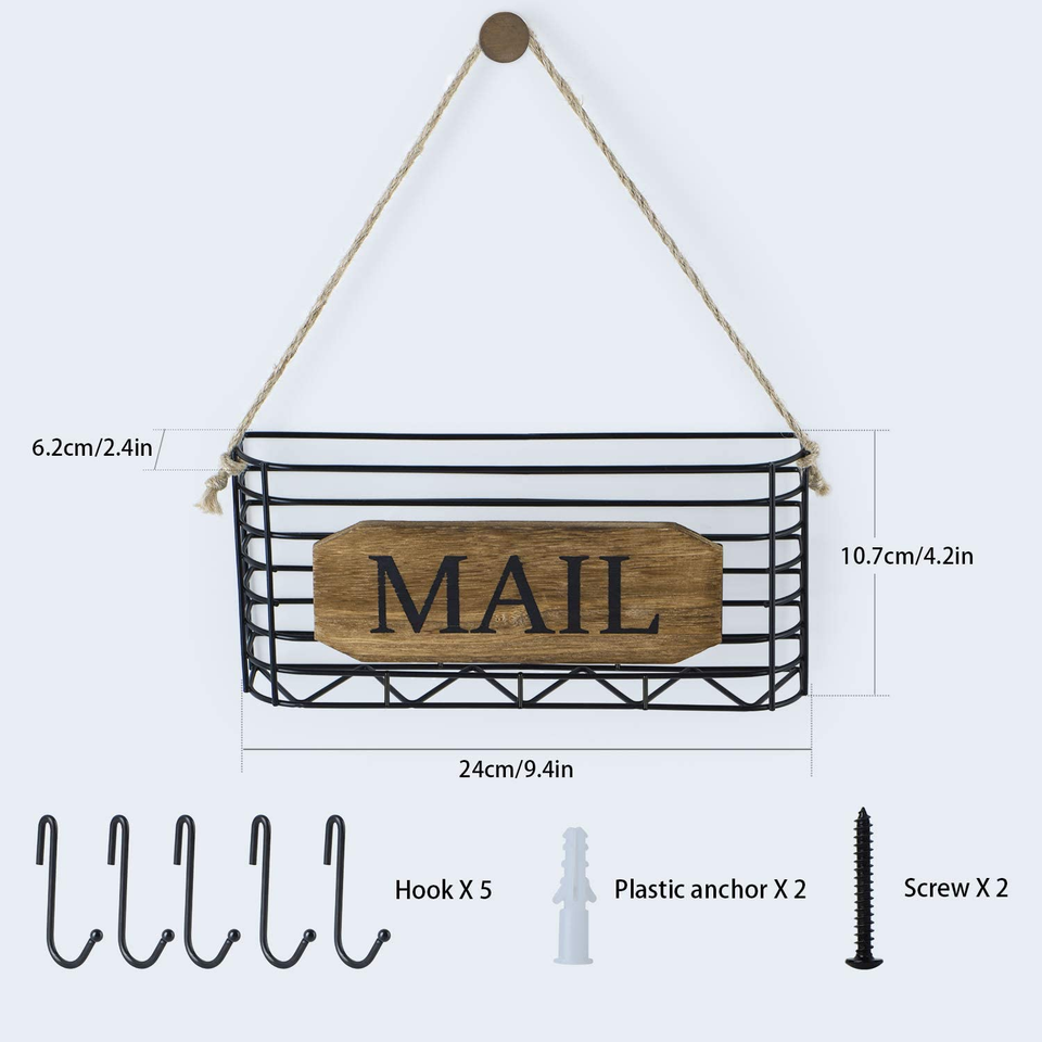 Mail Organizer Wall Mount, Rustic Mail Holder with Hooks, Easy Assembly ...