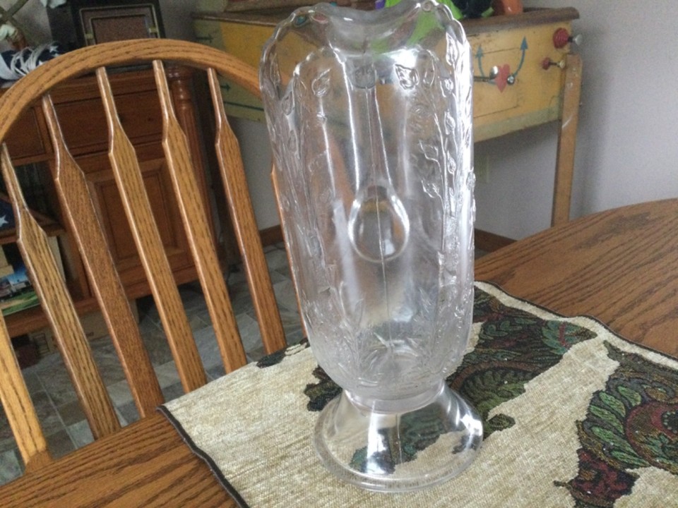 Cracked EAPG Dalzell Gilmore Leighton Glass Pitcher w Bicycle Girl See ...