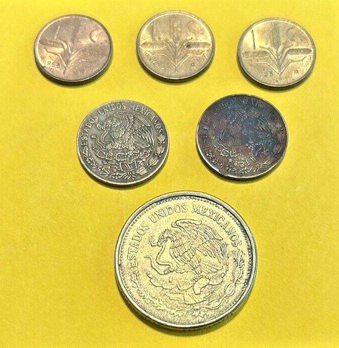 Mexico coins - lot of 6. 100 peso(1988),cinco centavo(73,76) & 3- 1 ...