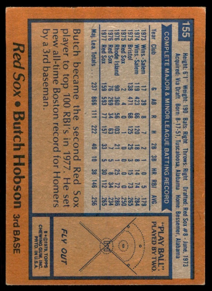 1978 TOPPS BUTCH HOBSON BOSTON RED SOX #155 (101) | eBay