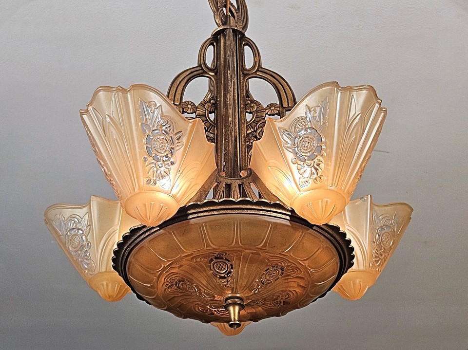 RESTORED! Large Antique LIGHTOLIER STYLUX Slip Shade Light Fixture ...