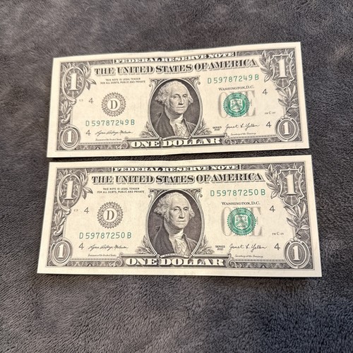 (2) Consecutive - Sequential Serial Numbers $1 Dollar Bills Series 2021 ...