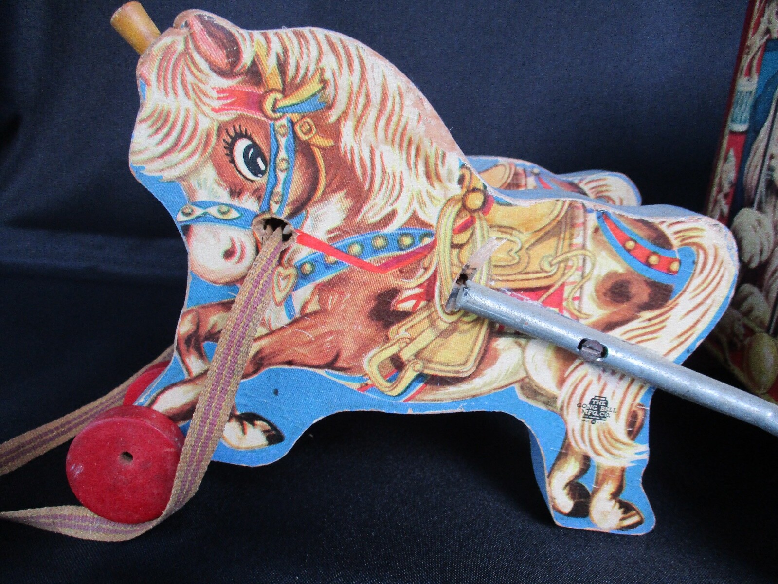 Vintage 1957 Gong Bell Wood Horses & Circus Wagon Pull Toy w/ Metal ...