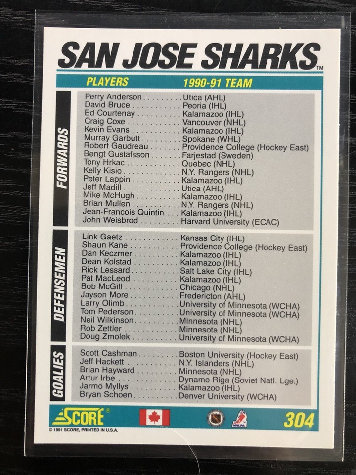 1991-92 San Jose Sharks Player Draft Card Shark Attack Score Hockey ...