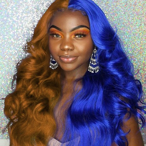 Women Long Wave Half Brown Orange Half Blue Lace Front Wig Glueless ...