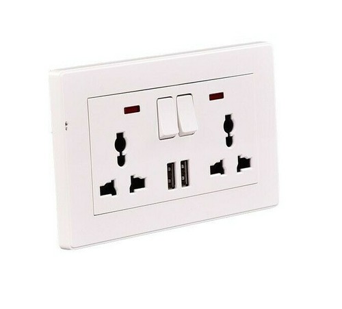 Universal Double Wall Plug Socket 2 Gang 2 USB Charger Port Outlets ...
