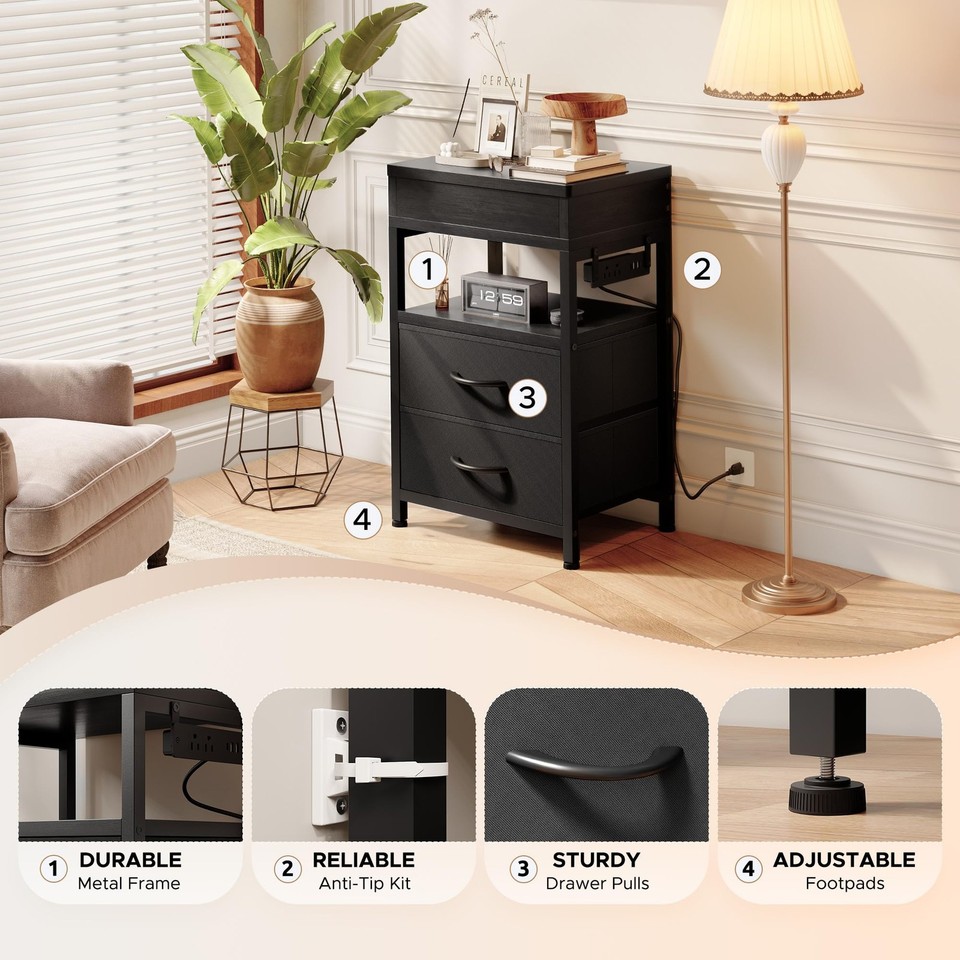 Nightstand Hidden Drawer Charging Table - with Charger Station and ...