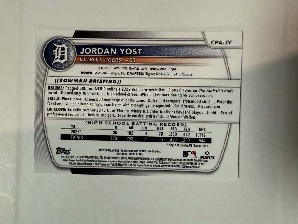 2025 Bowman Draft Jordan Yost 1st Bowman Chrome Auto Gold Wave ...