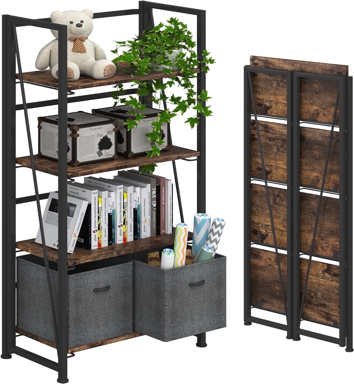 4NM No-Assembly Folding Bookshelf Storage Shelves 5 Tiers Vintage ...