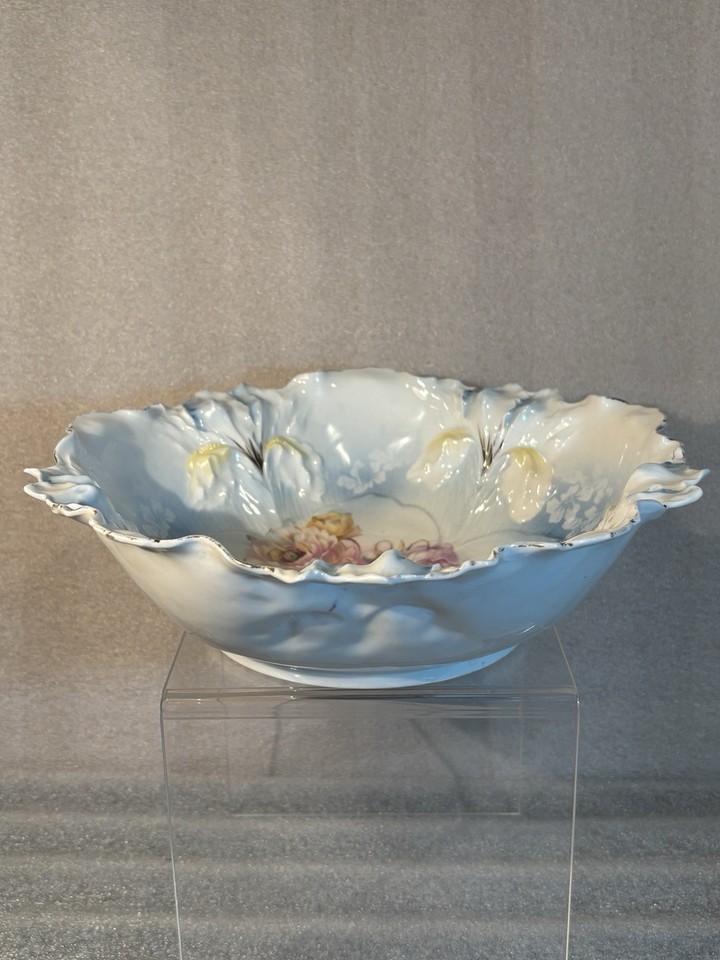 RS Stamped Prussia Rococo Porcelain 10.25" Serving Bowl Roses with Blue ...