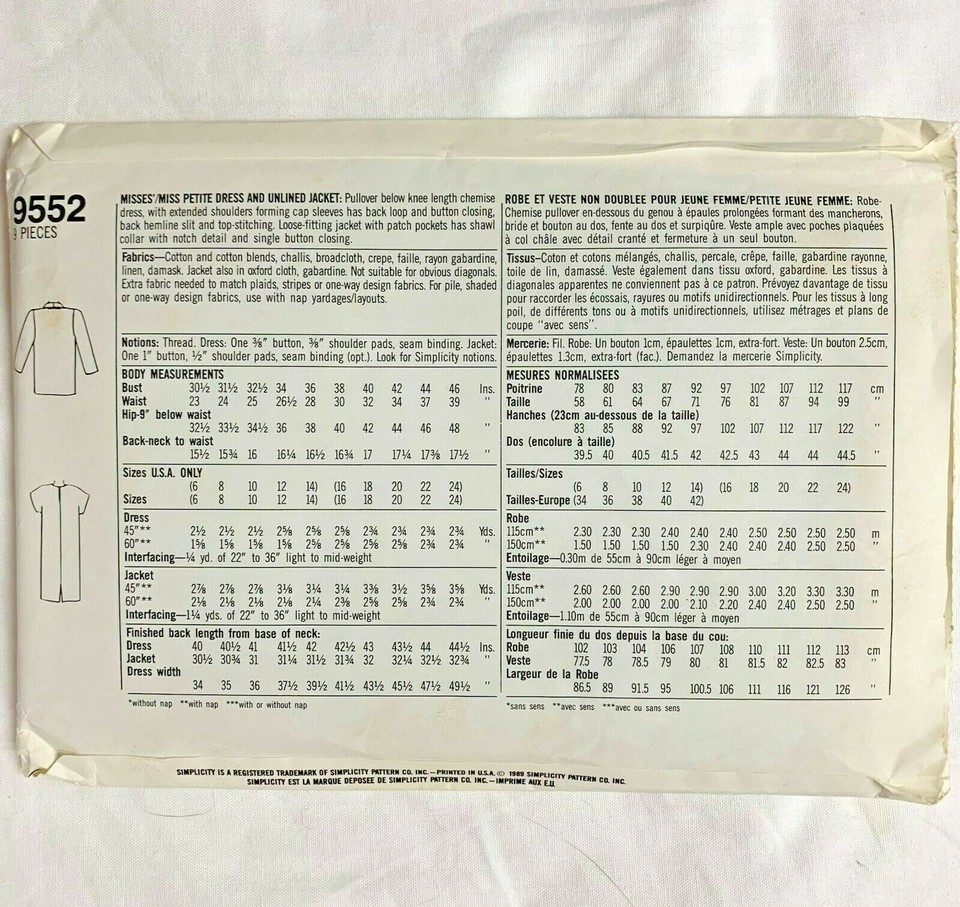 Simplicity Sewing Pattern Uncut Dress Jacket 9552 Size 6-14 New | eBay