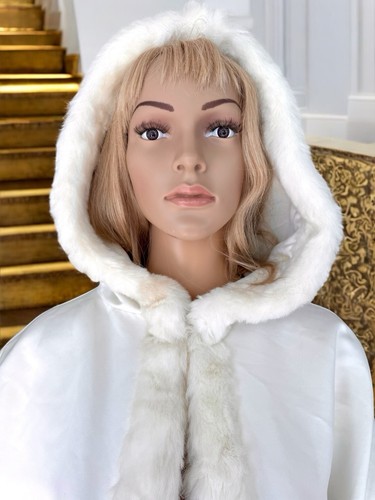 Bridal Princess Hooded Cape White Satin All Around Fur-trim Sweeping ...