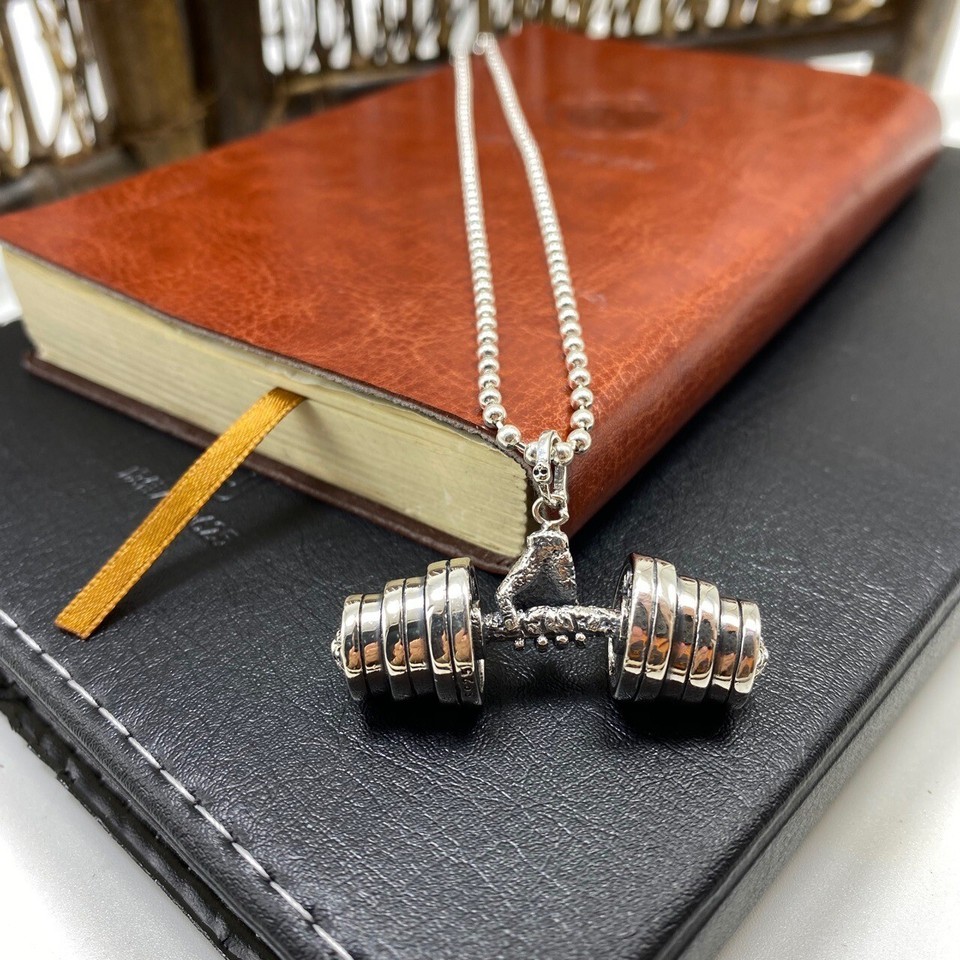 Solid 925 Sterling Silver Gym Dumbbell Fitness Barbell Necklace Pendant ...