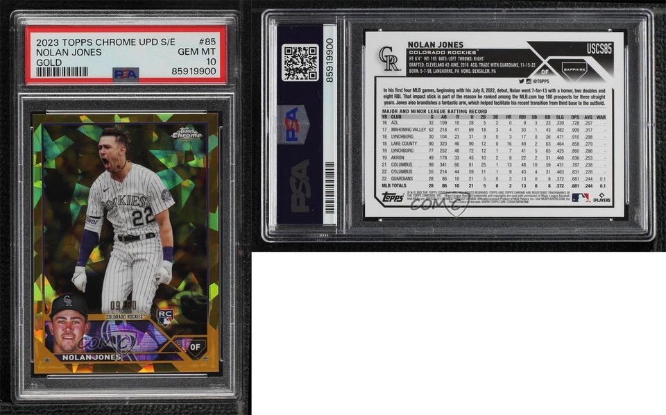 2023 Chrome Update Sapphire Edition Gold 9/50 Nolan Jones PSA 10 Rookie ...