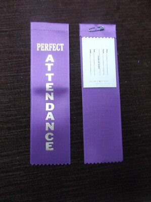 PERFECT ATTENDANCE blue ribbon with gold foil letters carded w/pin lot ...