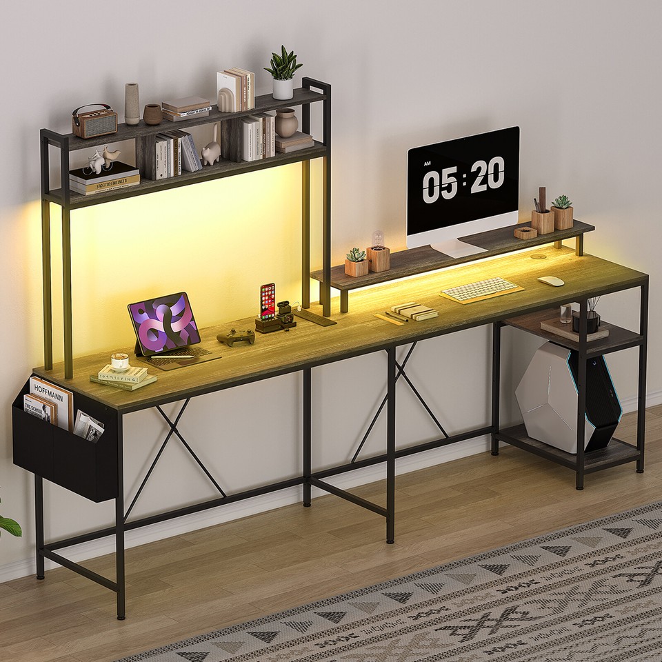 Storage Shelves L Shaped LED Computer Gaming Desk PC Corner Office ...
