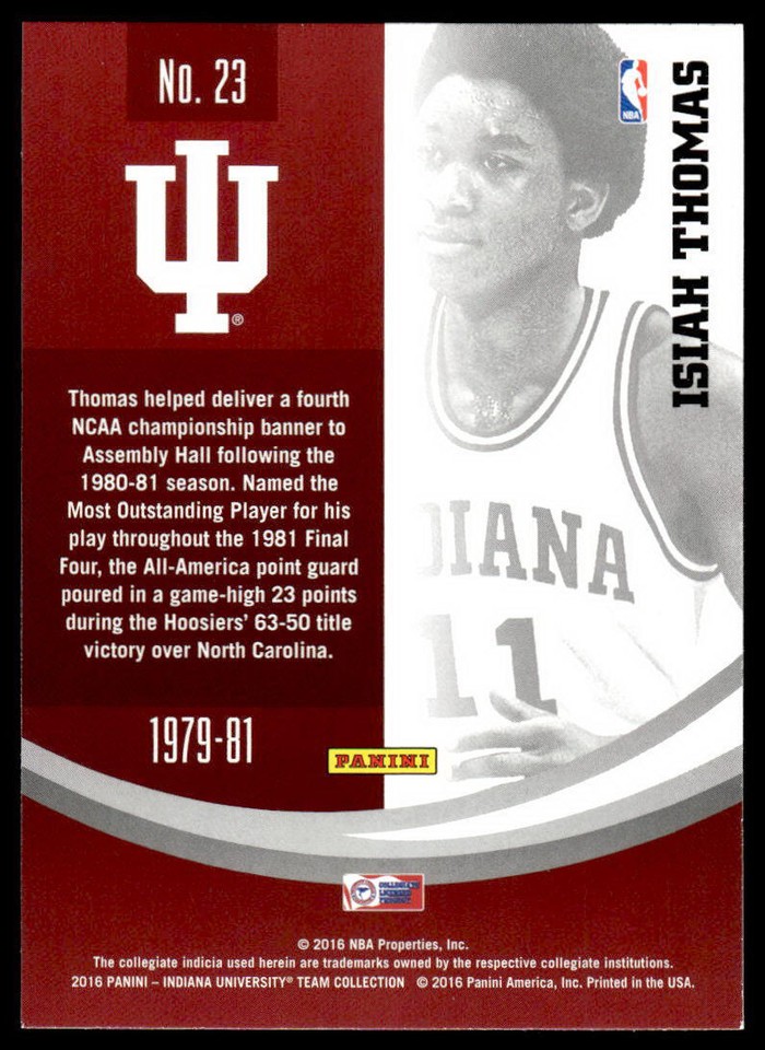 2016 Panini Team Collection Isiah Thomas #23 Indiana Hoosiers | eBay