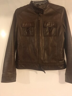 KENNETH COLE REACTION Ladies - Leather Jacket bomber Sz Med Brown Faux ...