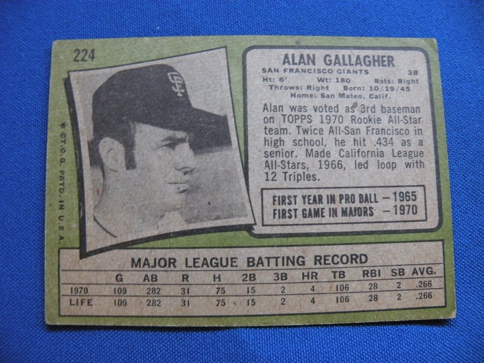 1971 Topps Baseball Cards Alan Gallagher San Francisco Giants #224 | eBay