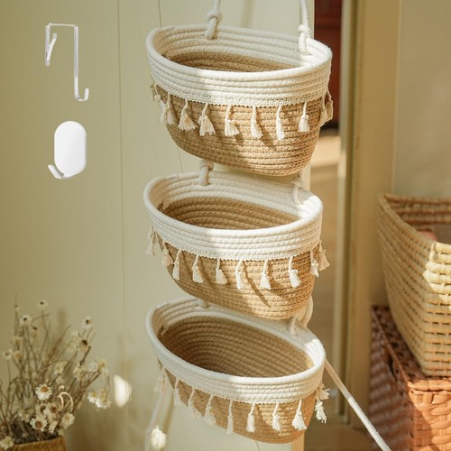 Hanging Baskets for Organizing,3-Tier Woven Cotton Wall-Mounted Storage ...