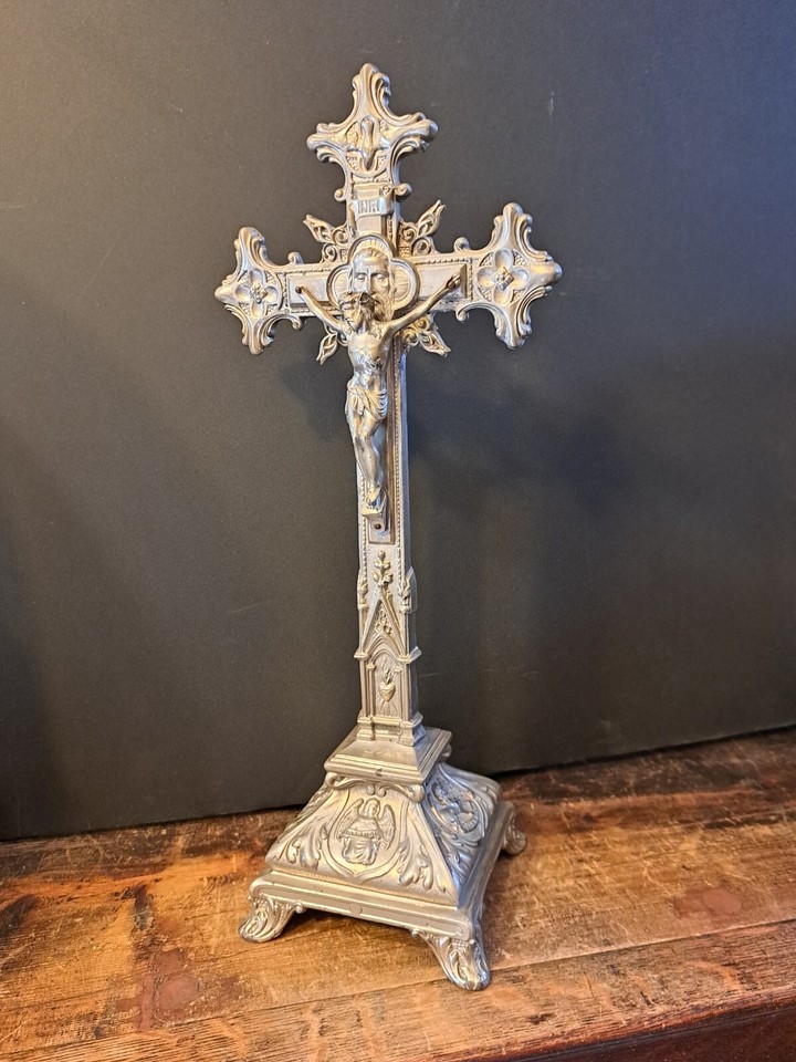Big Antique Art Nouveau Ornamental Metal Altar Standing Crucifix Jesus ...