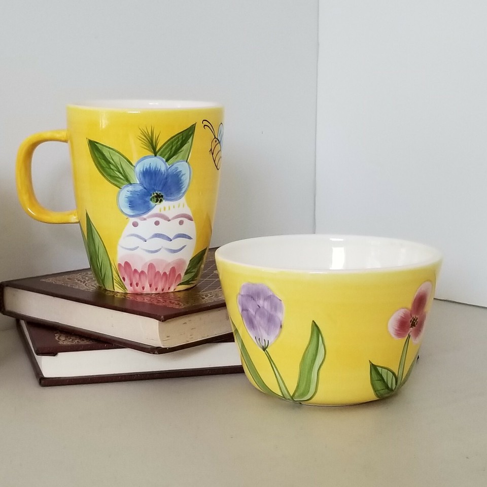 Laurie Gates Gates Ware Bunny Flower Mug and Bowl 2 Sets one Blue one ...