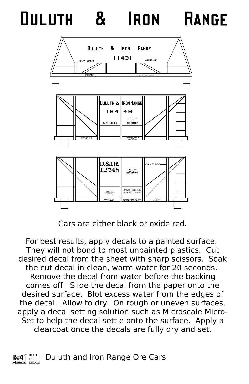 K4 HO Scale Decals Duluth and Iron Range Ore Hopper Cars White Pre-DMIR ...