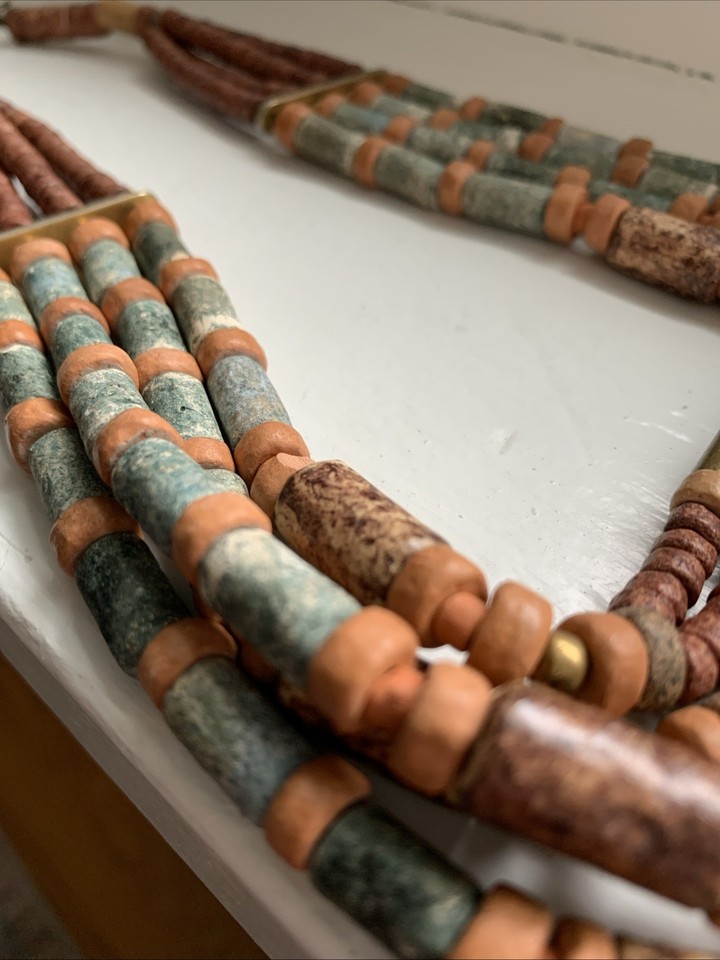 Vintage Egyptian Faience Clay Beads Cleopatra Necklace With Gold Blue ...