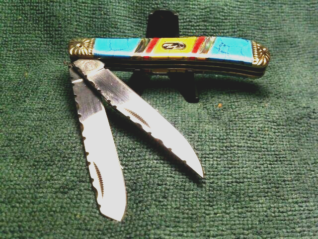 Pocket Knife Trapper Turquoise Handles File-Worked Blades & Fancy ...