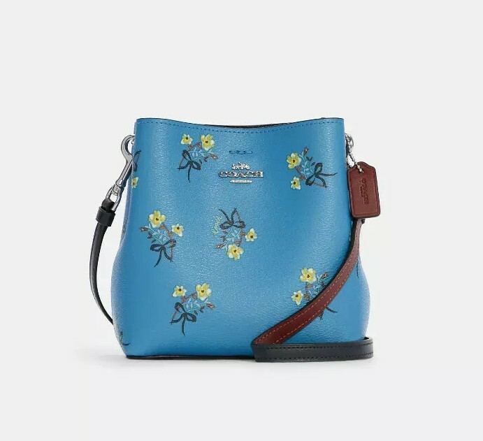 Coach Mini Town Bucket Bag Blue Leather With Floral Bow Coach Mini Town Bucket Bag Blue Leather With Floral Bow