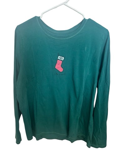 Life Is Good T Shirt Top W Large Christmas Stocking Green LS Heart ...