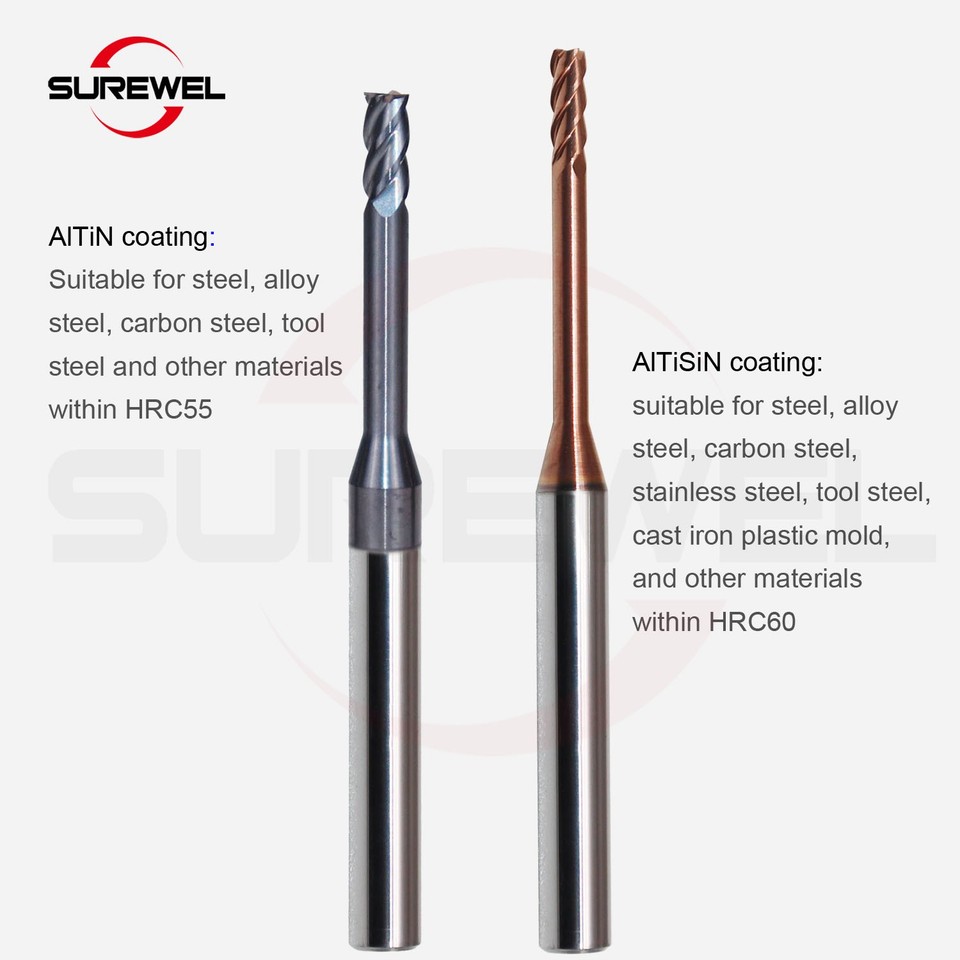 HRC60 Carbide Micro Diameter End mill Bit 1mm to 3mm Long Neck Milling ...