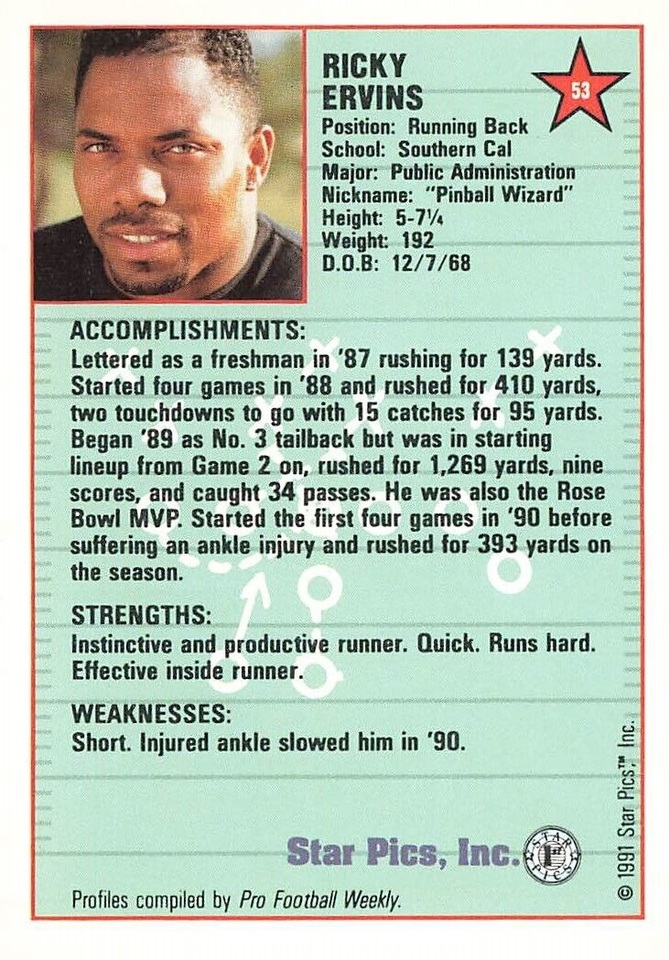 1991 Star Pics #53 RICKY ERVINS RC USC Trojans Rookie | eBay