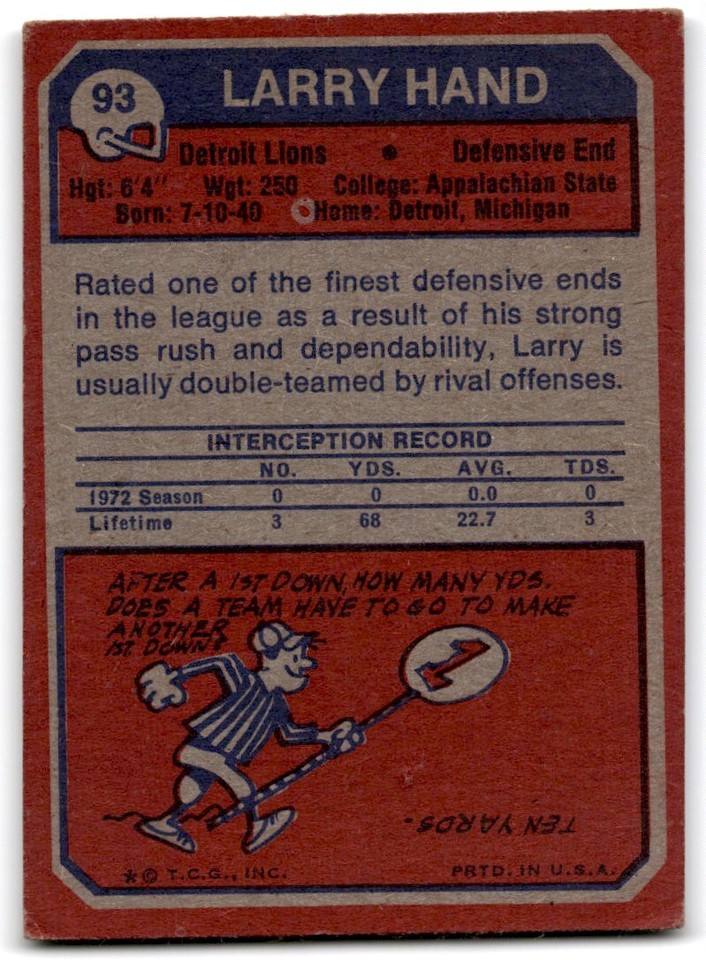 1973 Topps Larry Hand Detroit Lions #93 | eBay