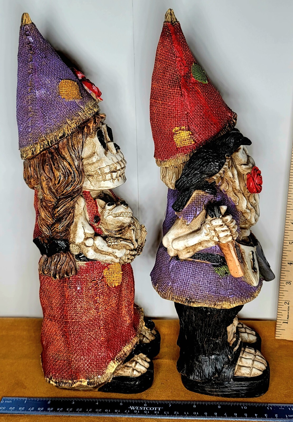 16 inch SKELETON GNOME Couple Male W/Bird & "Wicked" Sign Female W/Cat ...