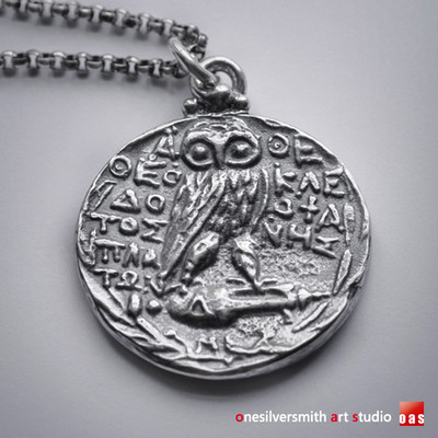 NEW . Sterling Roman Owl Coin Athena Tetradrachm Owl Coin Pendant Charm ...