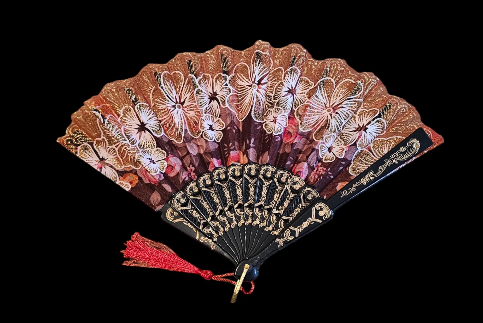 Hand Fan Abanico de Mano Imagenes de Flores Color Vino Gitana Misterio ...