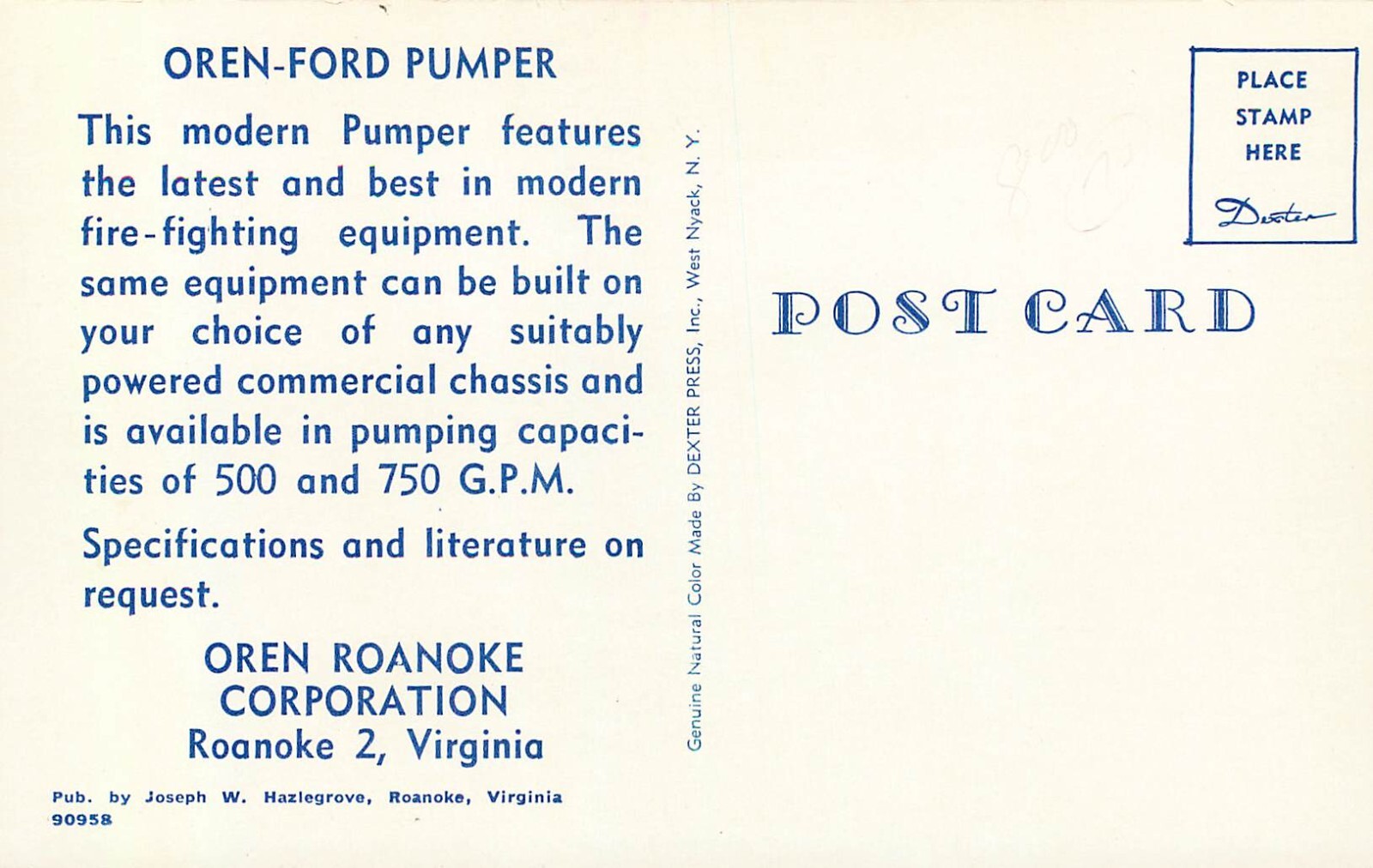 FIRE ENGINE, OREN-FORD PUMPER AD, VINTAGE POSTCARD (A508) | eBay