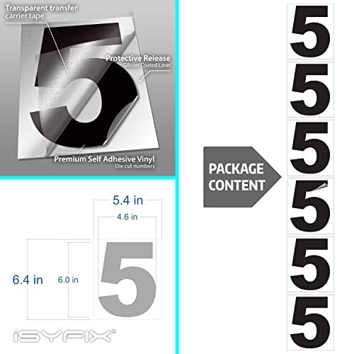 6Pk 6Inch Number 5(Five) Vinyl Stickers Adhesive Number Decals for ...