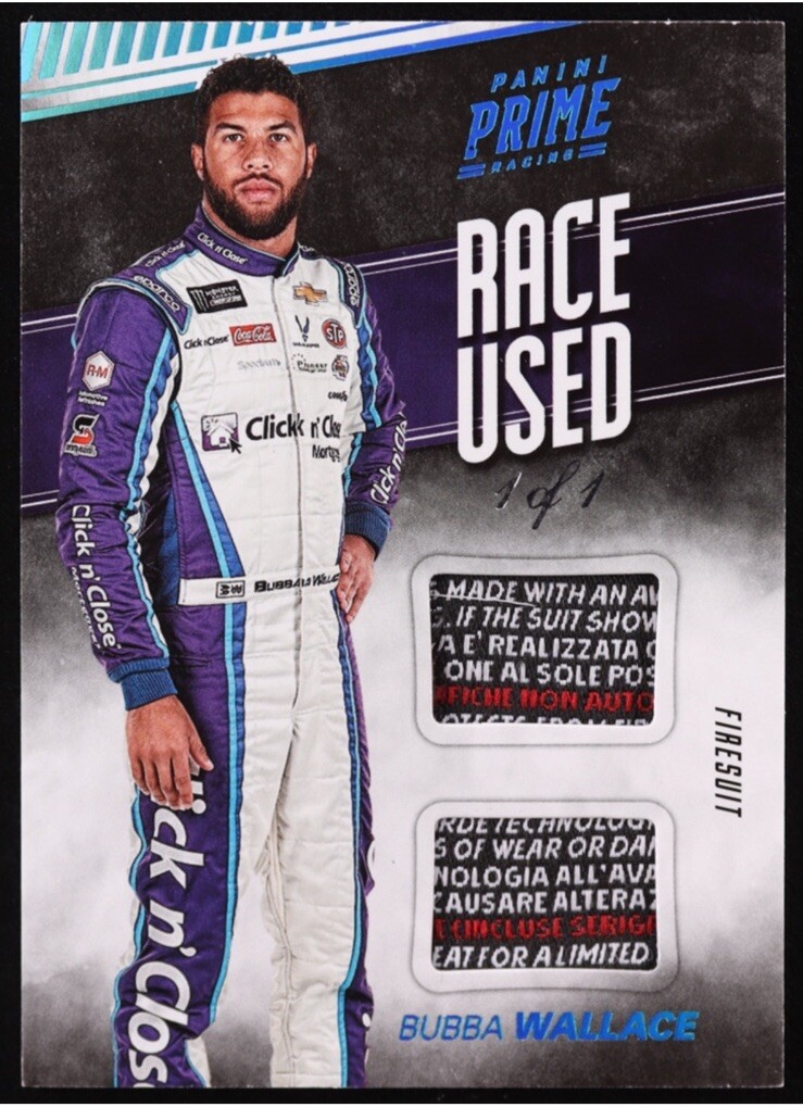 Bubba Wallace 2018 Panini Prime Race Used Duals Firesuit Laundry Tag #5 ...